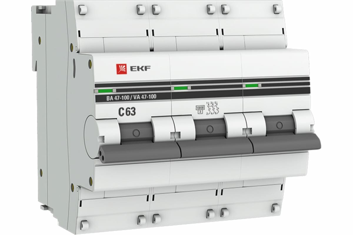 PROxima EKF автоматический выключатель 3P 63A (C) VA47-100 10кА MCB47100-3-63C-pro