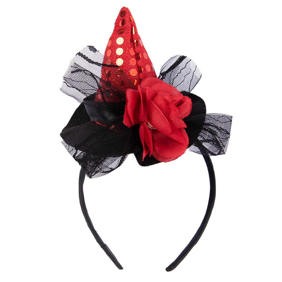 BOOMZEE PBZ-37-VV61 Шляпа с вуалью на ободке красная с пайетками, женский праздничный аксессуар