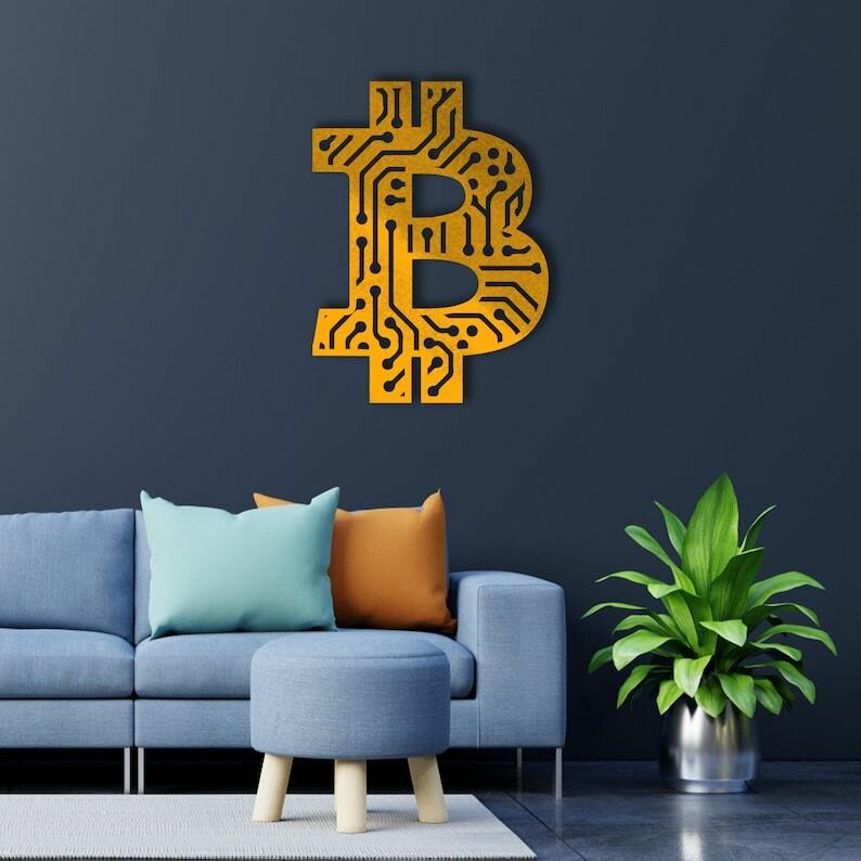 Декоративное металлическое панно, Биткоин (матовое золото)