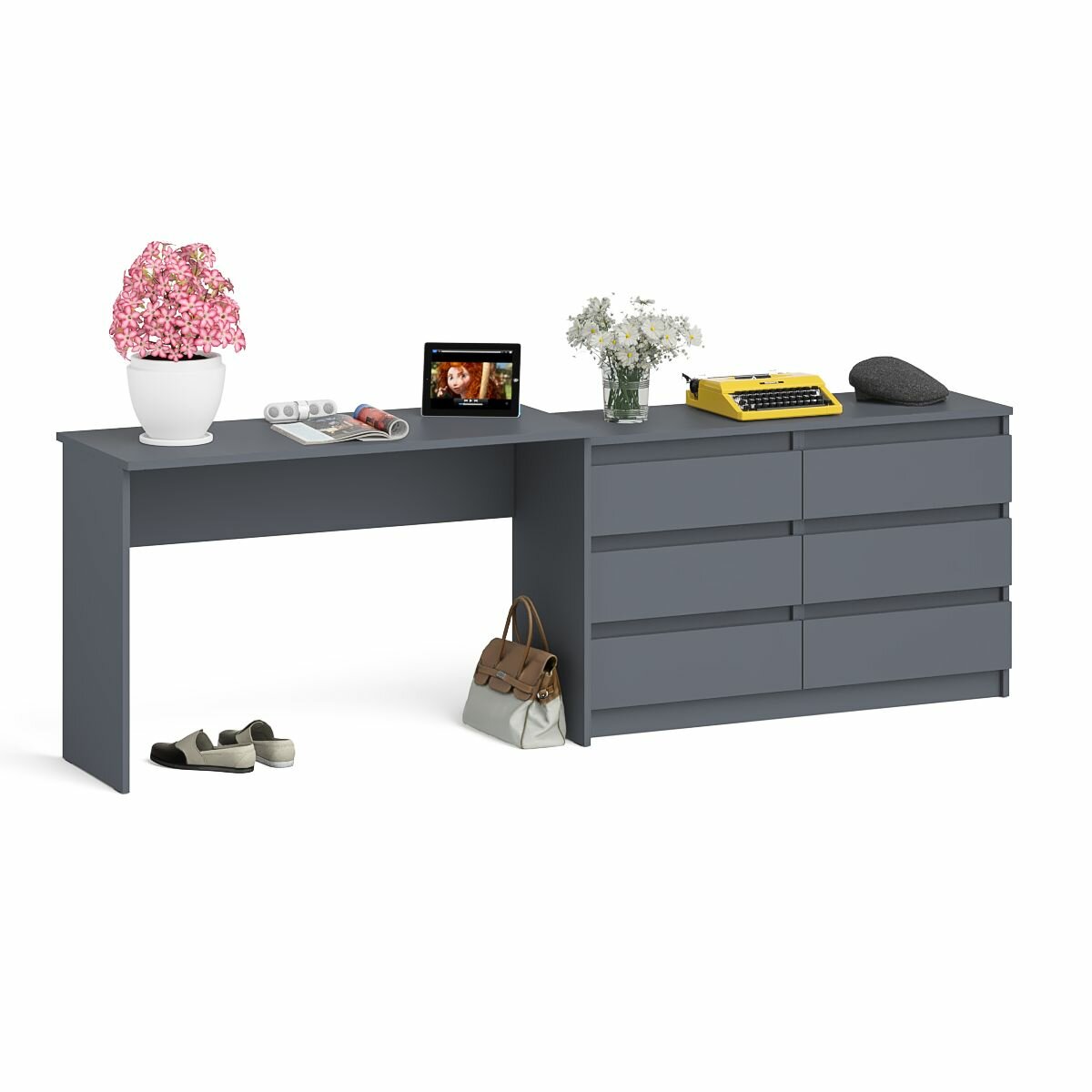 Стол письменный СВК Мори МСП-1200 с широким комодом цвет графит, 240,8х50х76,6 см.