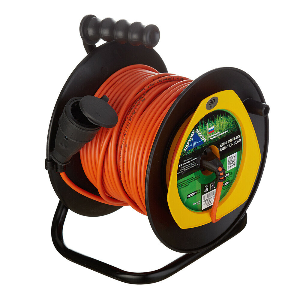 Удлинитель Партнер Электро без заземления 30 м на катушке 2,2 кВт 1 розетка ПВС 2х1 кв. мм IP44 Партнер Электро УТ-012684