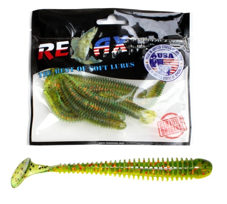 Мягкая силиконовая приманка риппер RELAX TEXAS LAMINAT 4, 10,0cm 4,1g цвет L584 (Green Pumpkin-black, Chartreuse-orange), 1 уп. по 10 шт.
