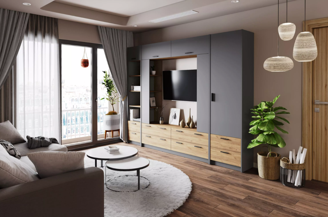 Гостиная Сильва Оттавия комплектция 1 (НМ 014.65+НМ 014.06+НМ 014.66) Антрацит, дуб крафт золотой