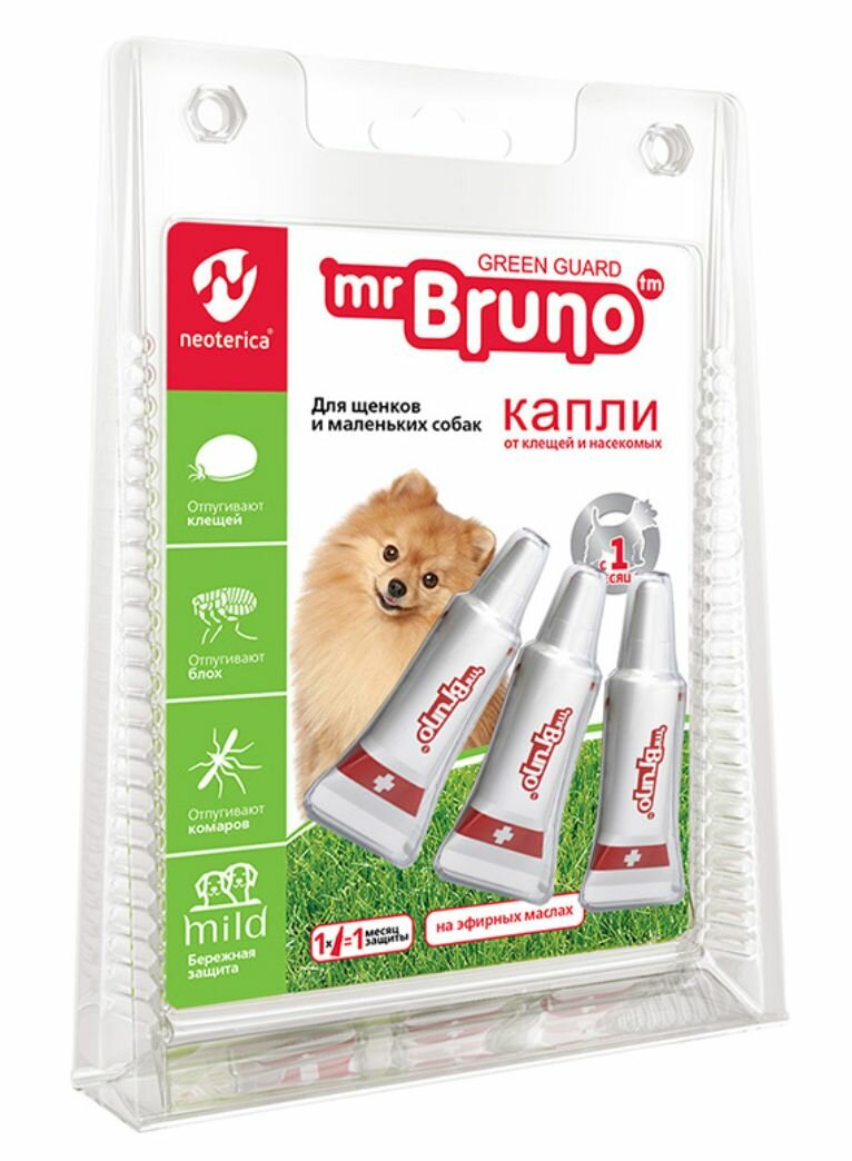 Mr. Bruno капли репеллентные для щенков и собак мелких пород до 10 кг от блох и клещей на холку антипаразитарные, 3 пипетки Х 1 мл