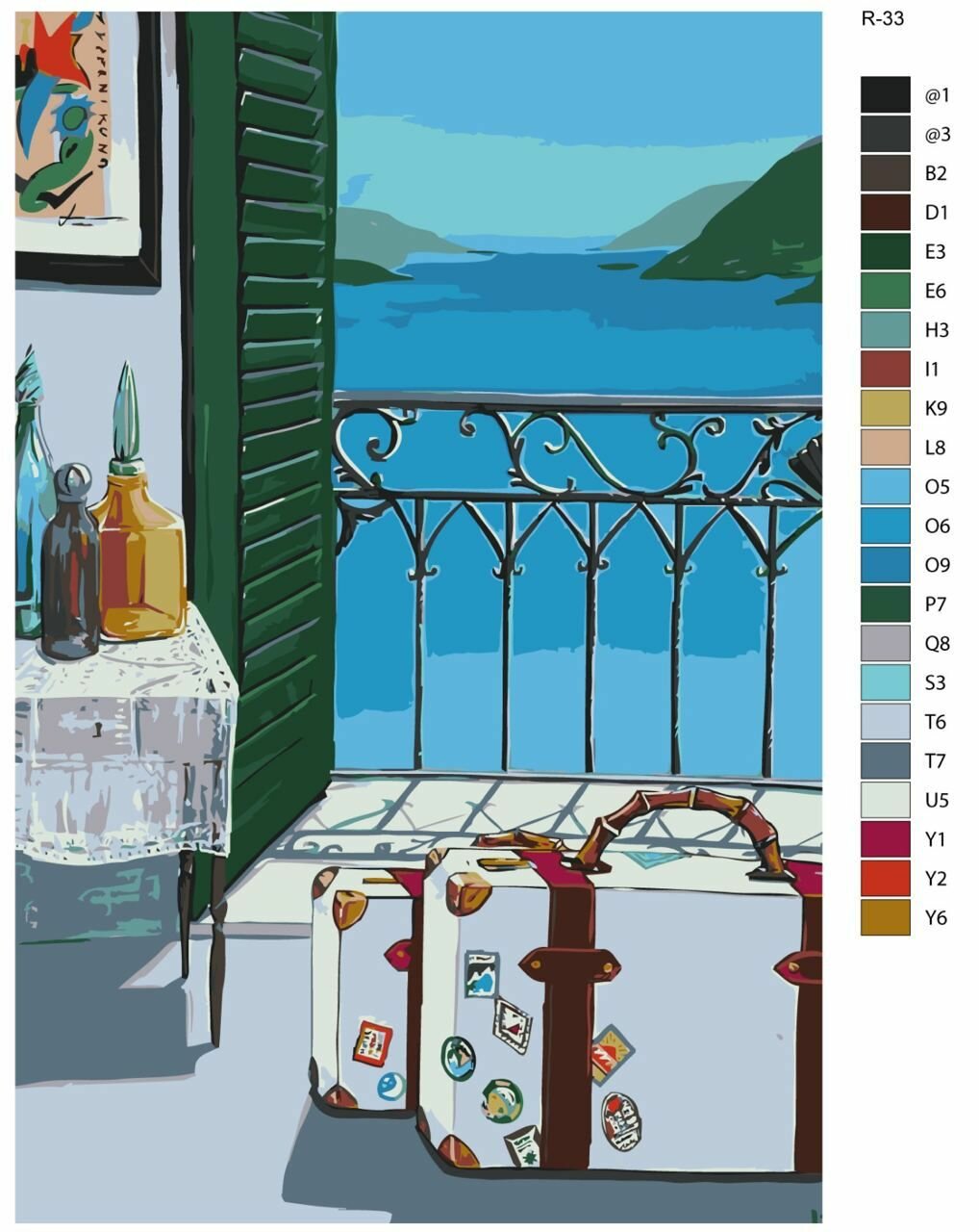 Картина по номерам R-33 "Натюрморт - Чемоданы и вид на озеро Комо" 40x60 см