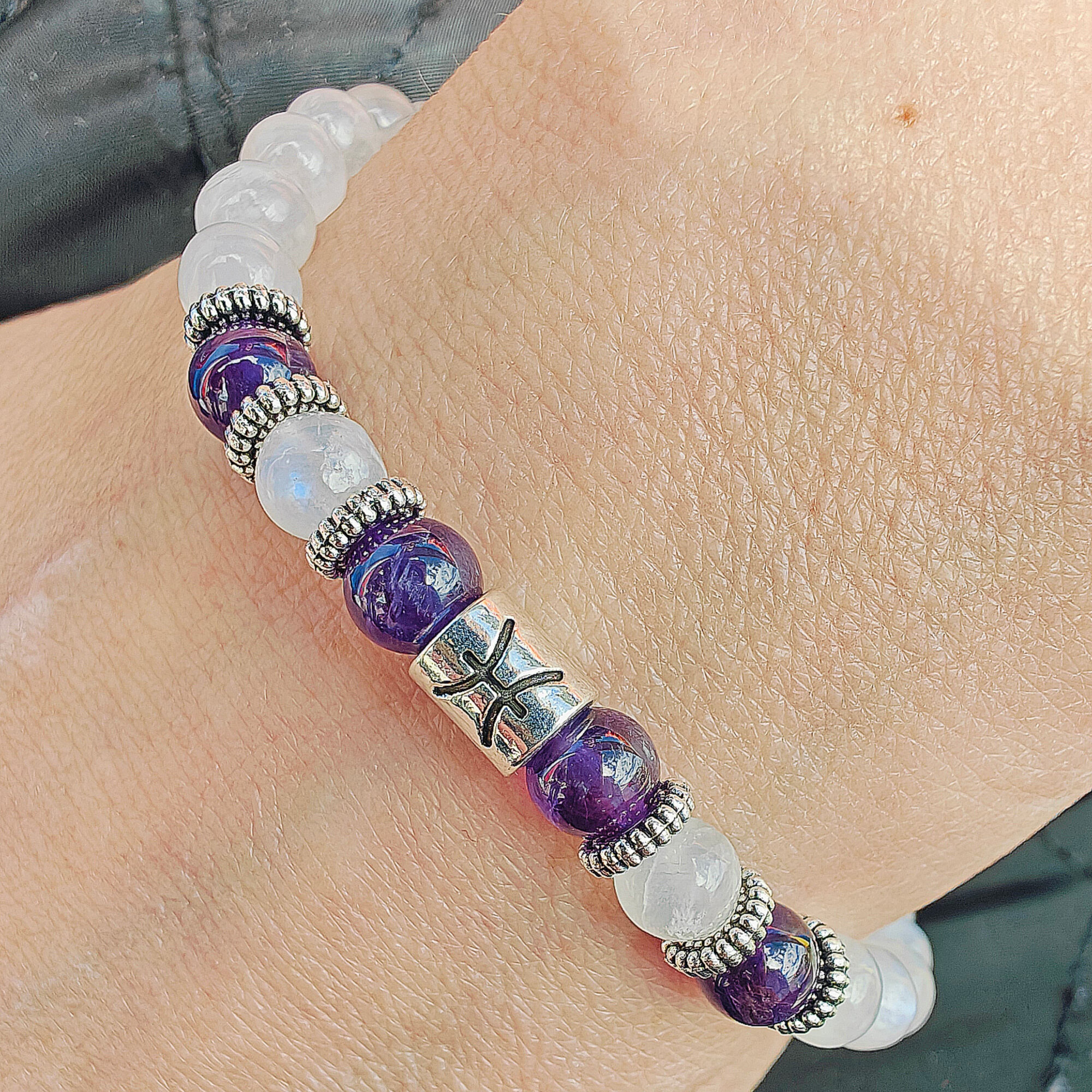 Плетеный браслет, аметист, лунный камень