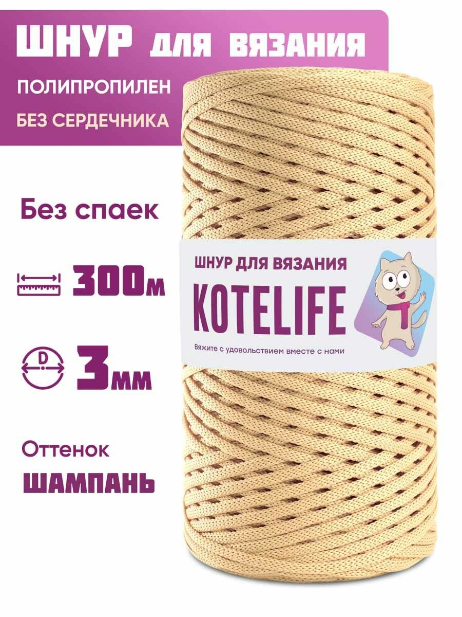 Шнур для рукоделия, вязания 3мм 300м, круглый, Шампань, полипропилен