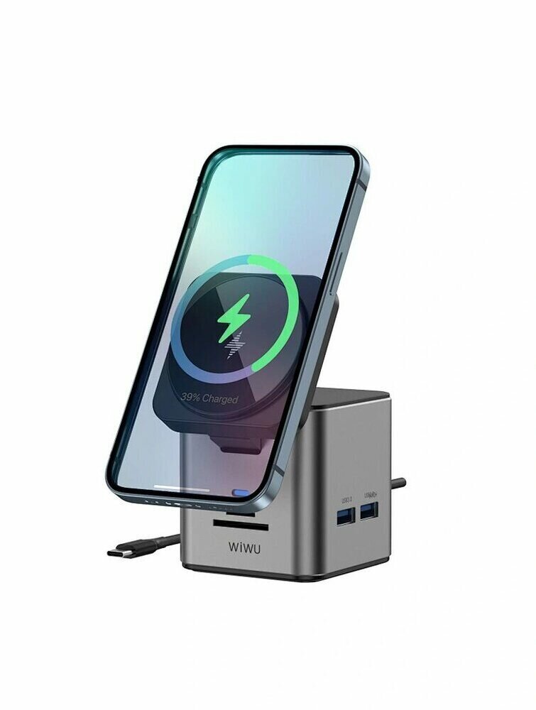 Беспроводное зарядное устройство Хаб Wiwu Wi-W025 Cube Hub 9 in 1 USB-C Docking Grey
