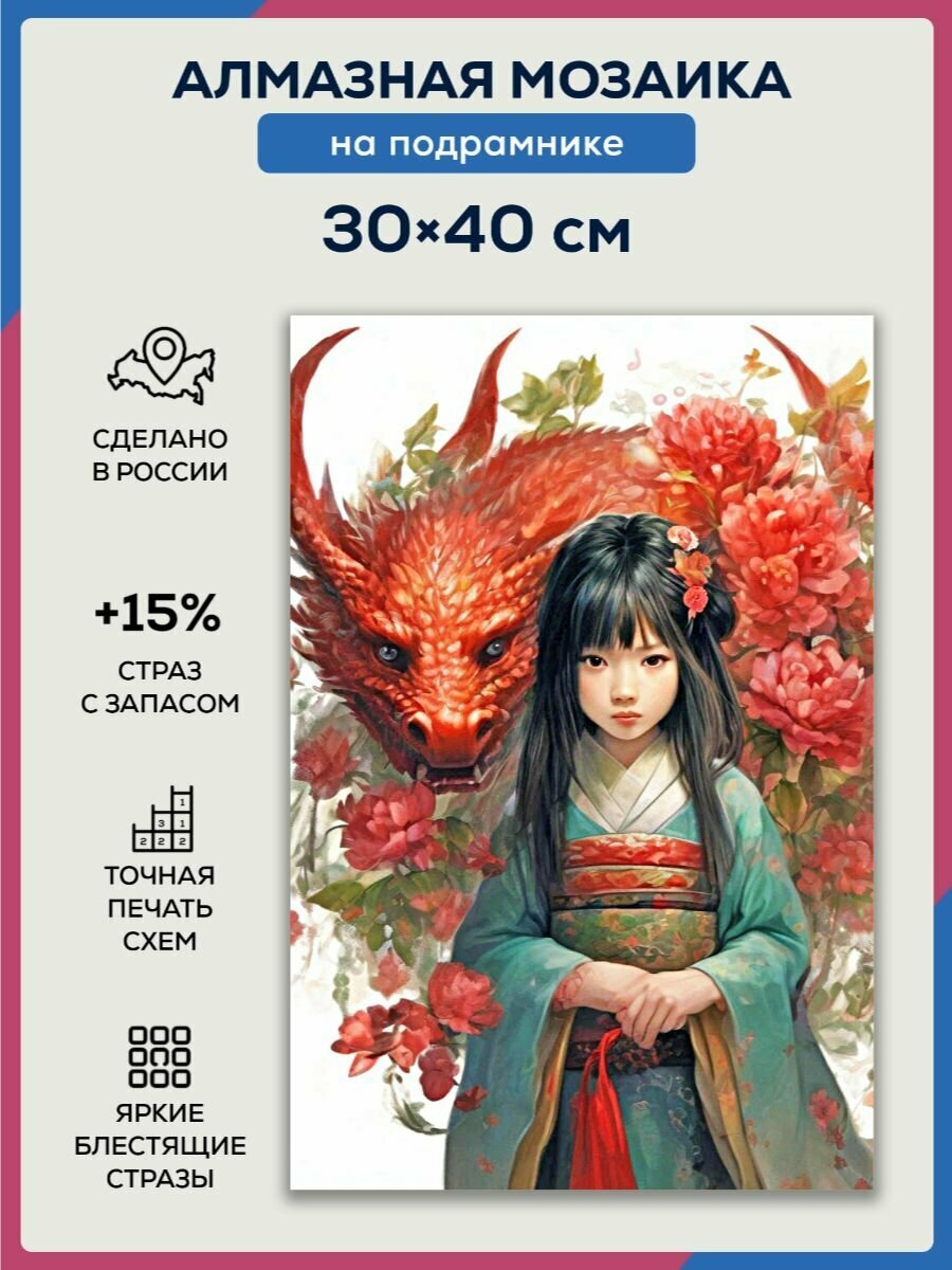 Алмазная мозаика 30x40 Девочка и дракон на подрамнике