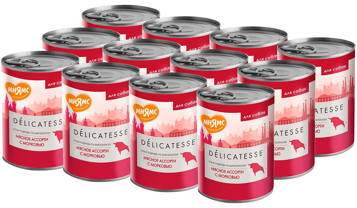 Мнямс DELICATESSE олья подрида ПО-барселонски для собак всех пород с мясным ассорти и морковью 170869 (400 гр х 12 шт)