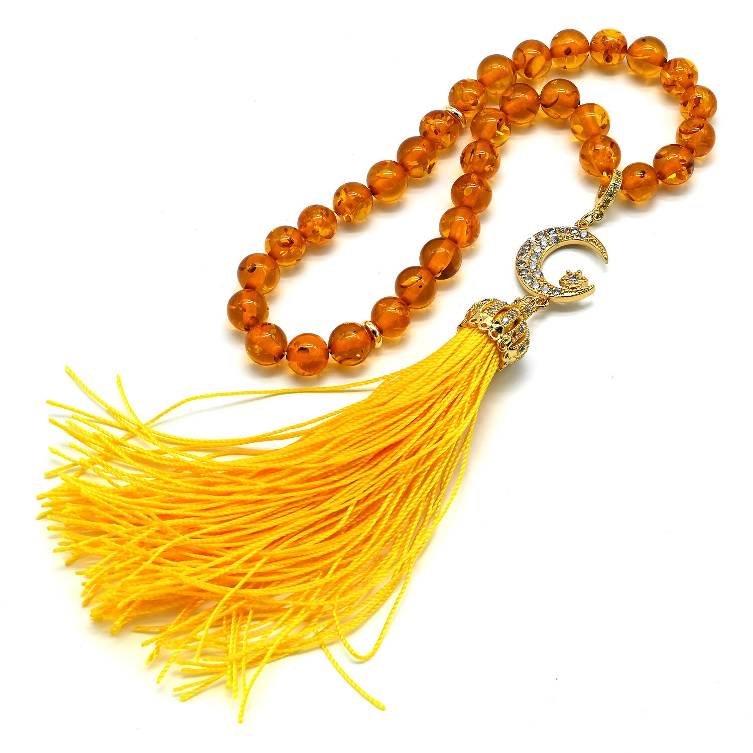 Мусульманские четки "Полумесяц" из янтаря шарик 8мм цв. медовый, 27см, 33 бусины .