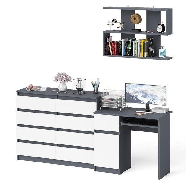 Стол компьютерный Мори МС-1 левый + Комод МК1200.8 + Полка 900, цвет графит/белый