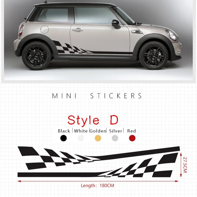 2 шт. автомобильные длинные боковые наклейки для Mini Cooper R56 R57 R58 R50 R52 R53 Style D, Black