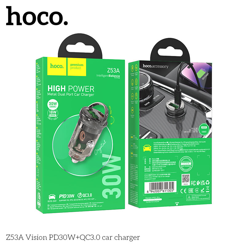 Автомобильное зарядное устройство Hoco Z53A, 1 USB, Type-C, 30W, PD30W + QC3.0, прозрачно-черный