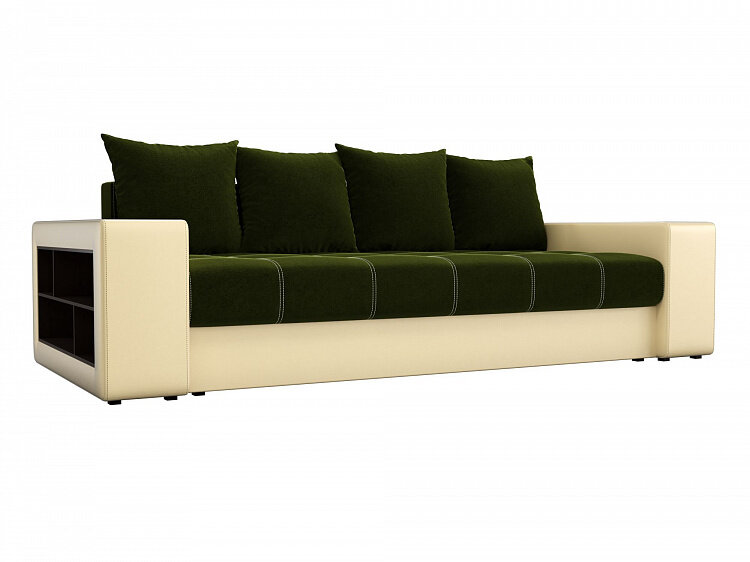 Прямой диван Дубай (Марго) Зелено-Бежевый микровельвет, еврокнижка, 243х110х80 см, с ящиком для белья