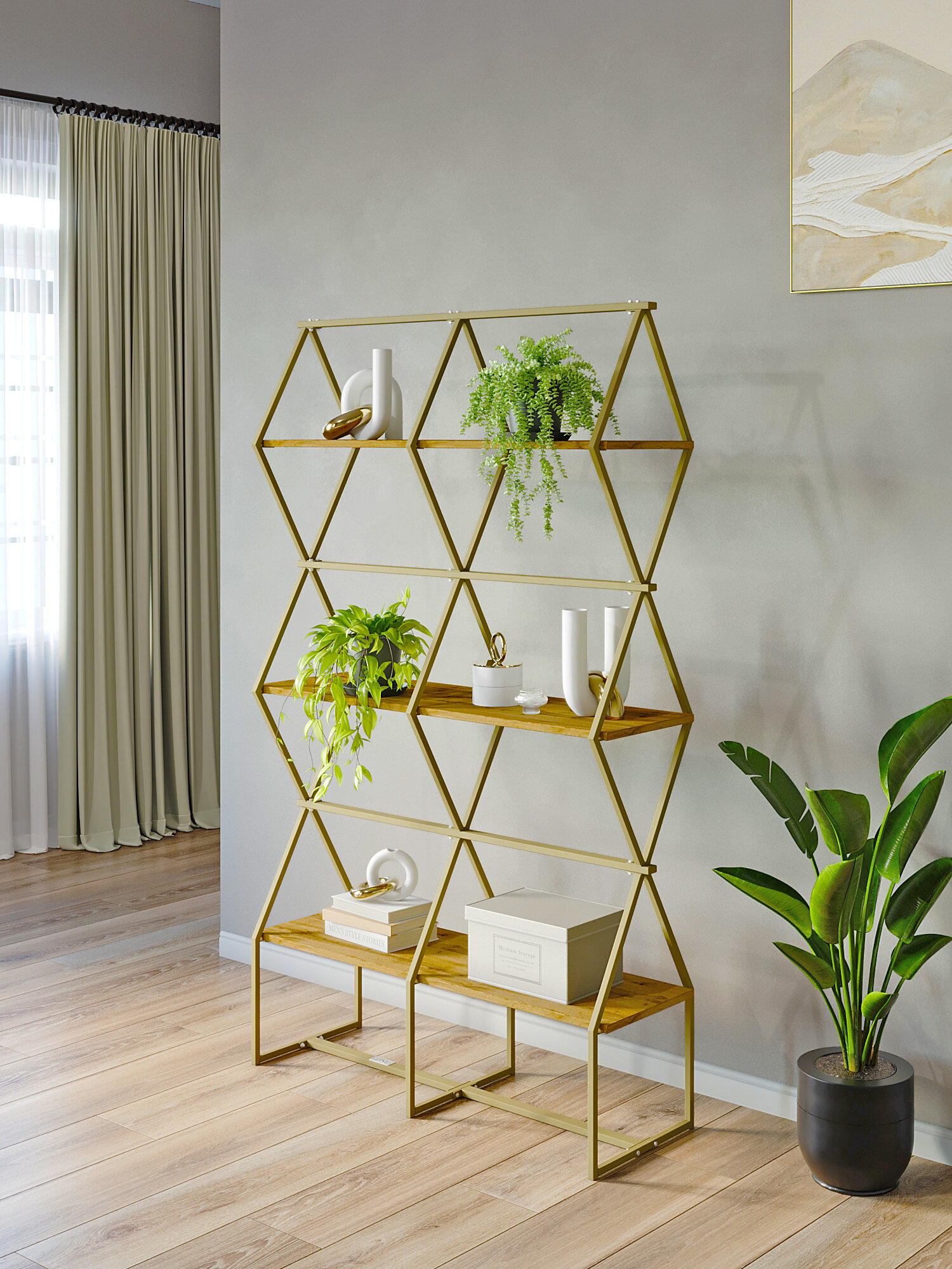 Стеллаж для рассады KM LOFT Ромбо стL золотой/дуб вотан лофт для дома в гостинную перегородка