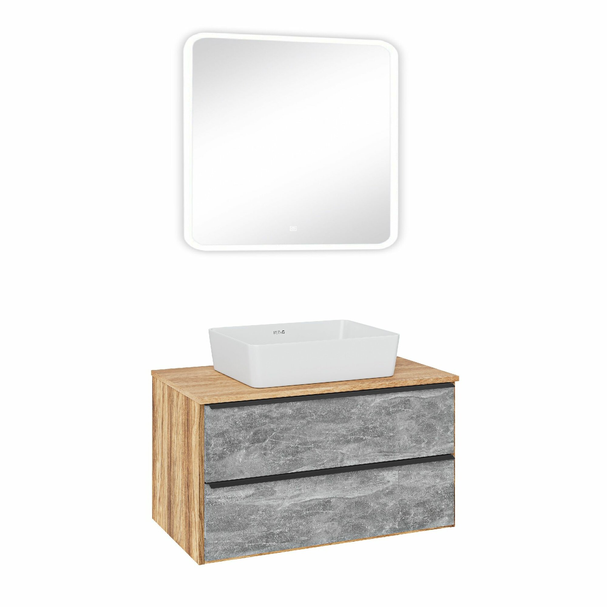 Мебель для ванной Мальта 85, серый дуб (тумба подвесная с раковиной Tre, зеркало Руан 80х80)