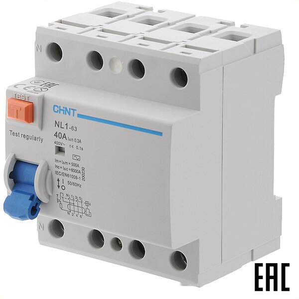Устройство защитного отключения тип АС 63А-300мА 400В 3P+N 6кА CHINT NL1-63 200231