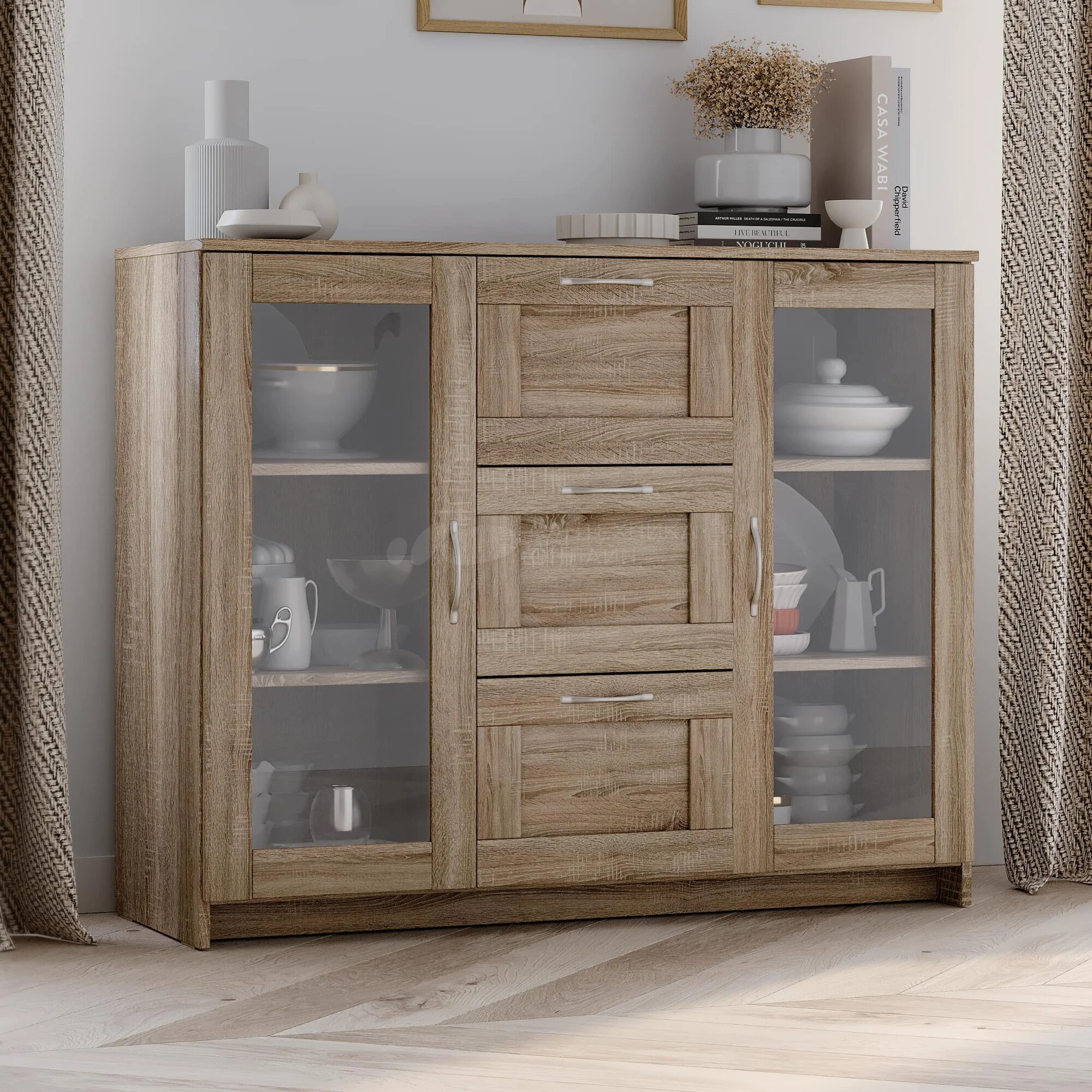 Тумба "Сириус", 2 ящика и 3 дверцы, 94х117х41,5 см, белый, ЛДСП, скандинавский стиль