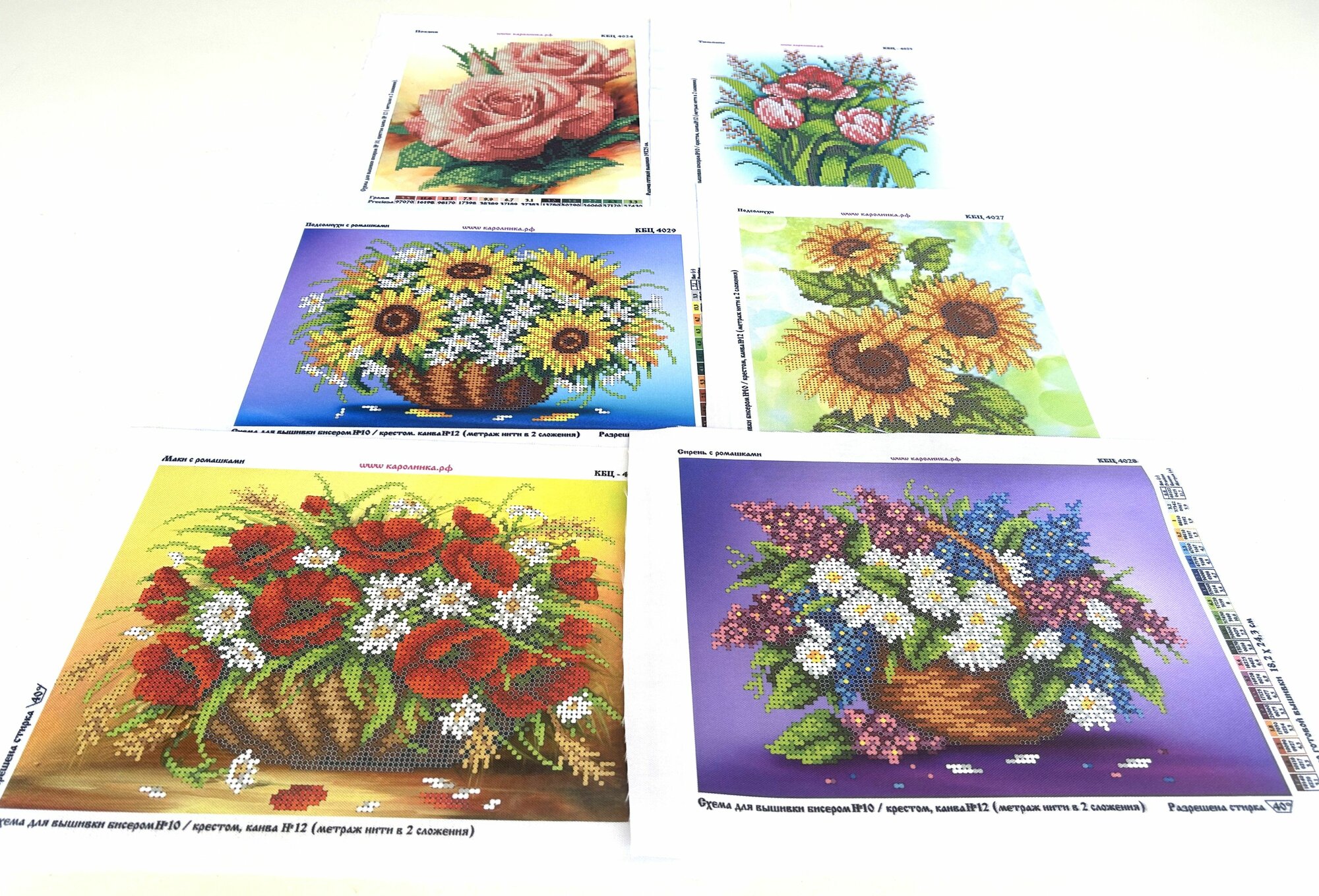 Комплект 6 схем-рисунков на ткани "Цветы" 19х24 см