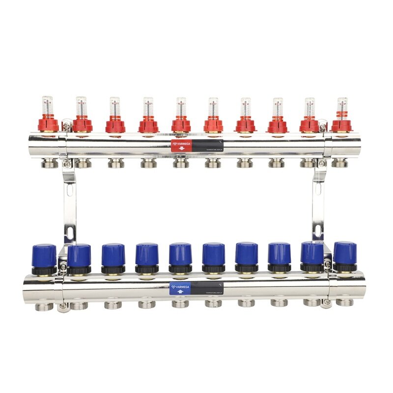 Varmega Коллектор С расходомерами без кранов латунь 1". 10 выходов x 3/4"EK (1/4)
