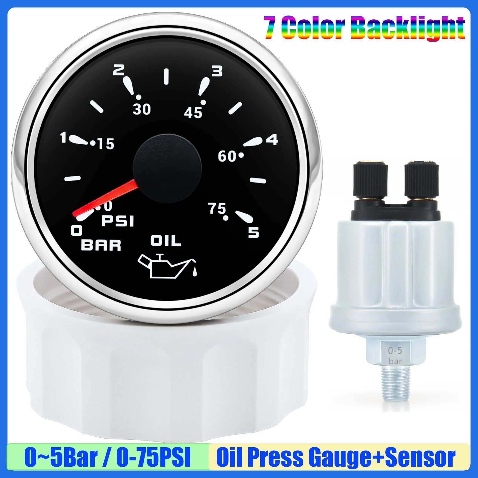 7-цветный светильник, 52 мм, манометр масла + датчик, 5 бар, 10 бар, индикатор давления BS 0-5 Bar