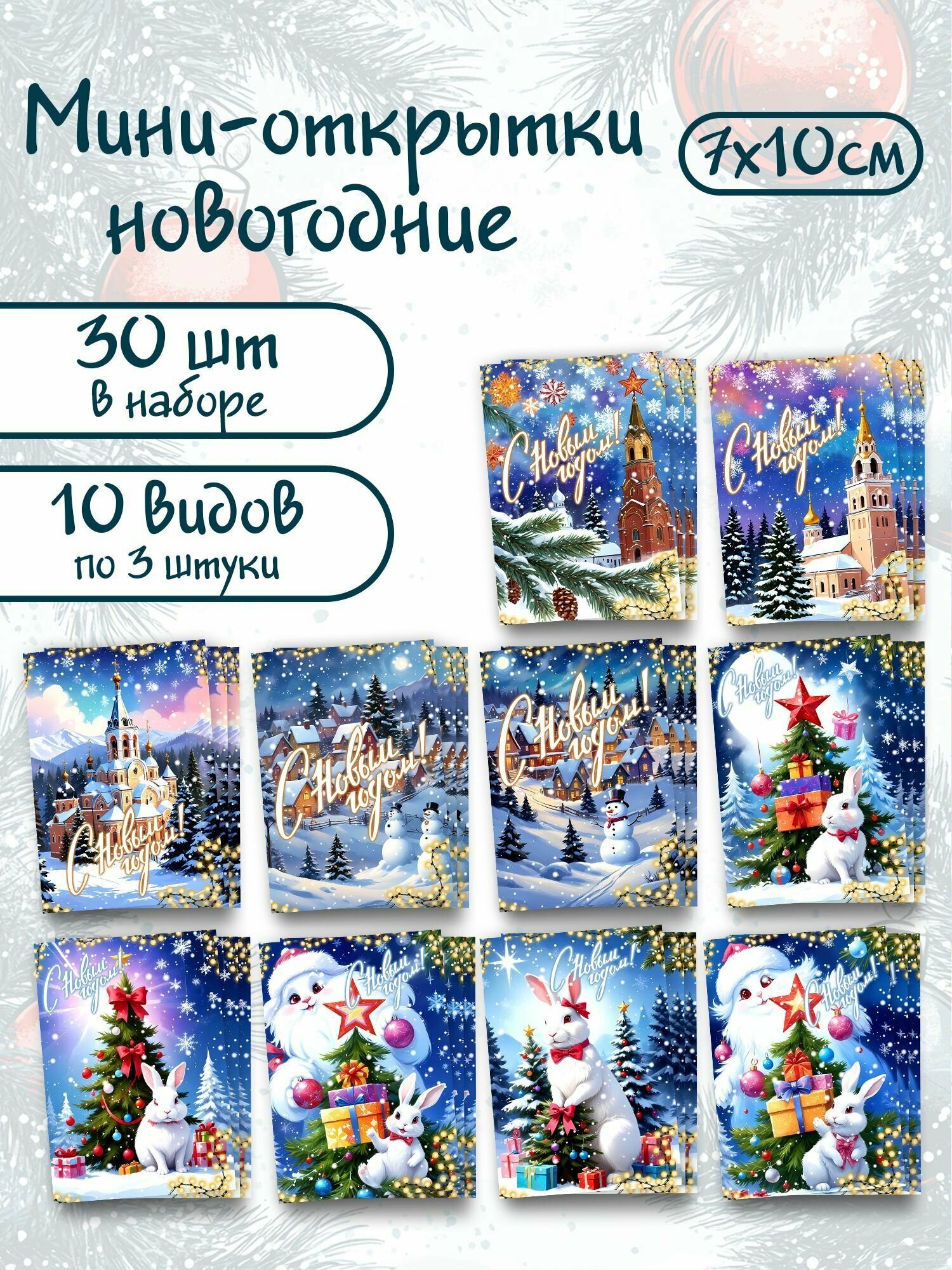 Набор мини открыток PrintMania "Новый год / Новогодние", 7x10см, 30шт