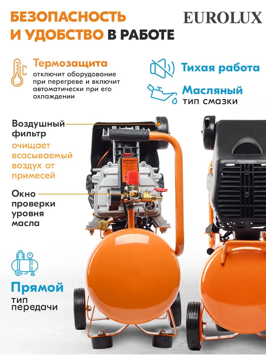 Компрессор Eurolux КМП-280/24EU, поршневой, 1.9 кВт, 280 л/мин, 8 бар — фото 1