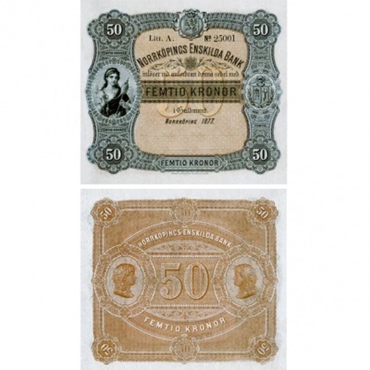 Швеция 50 крон 1877 банк Norrkopincs Enskilda, сувенирная копия, банкноты и купюры редкие коллекционные