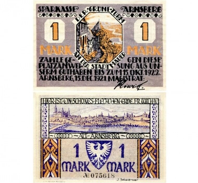 Нотгельд 1 марка 1921 Германия, Арнсберг, сувенирная копия, банкноты и купюры редкие коллекционные