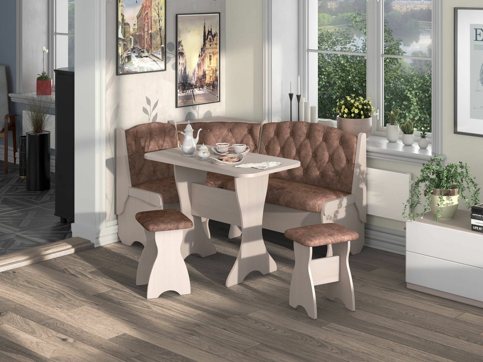 Кухонный уголок Оливия Люкс Бодего Светлый/Велюр Коньяк/Бодего Светлый