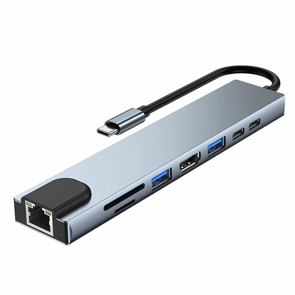 USB Type-C HUB концентратор 8 в 1 (1xType-C PD 87W/1xType-C /1xUSB 2.0/1xUSB 3.0/1xHdmi 4K 30Гц/1xRJ45/1xSD/1xmicroSD)