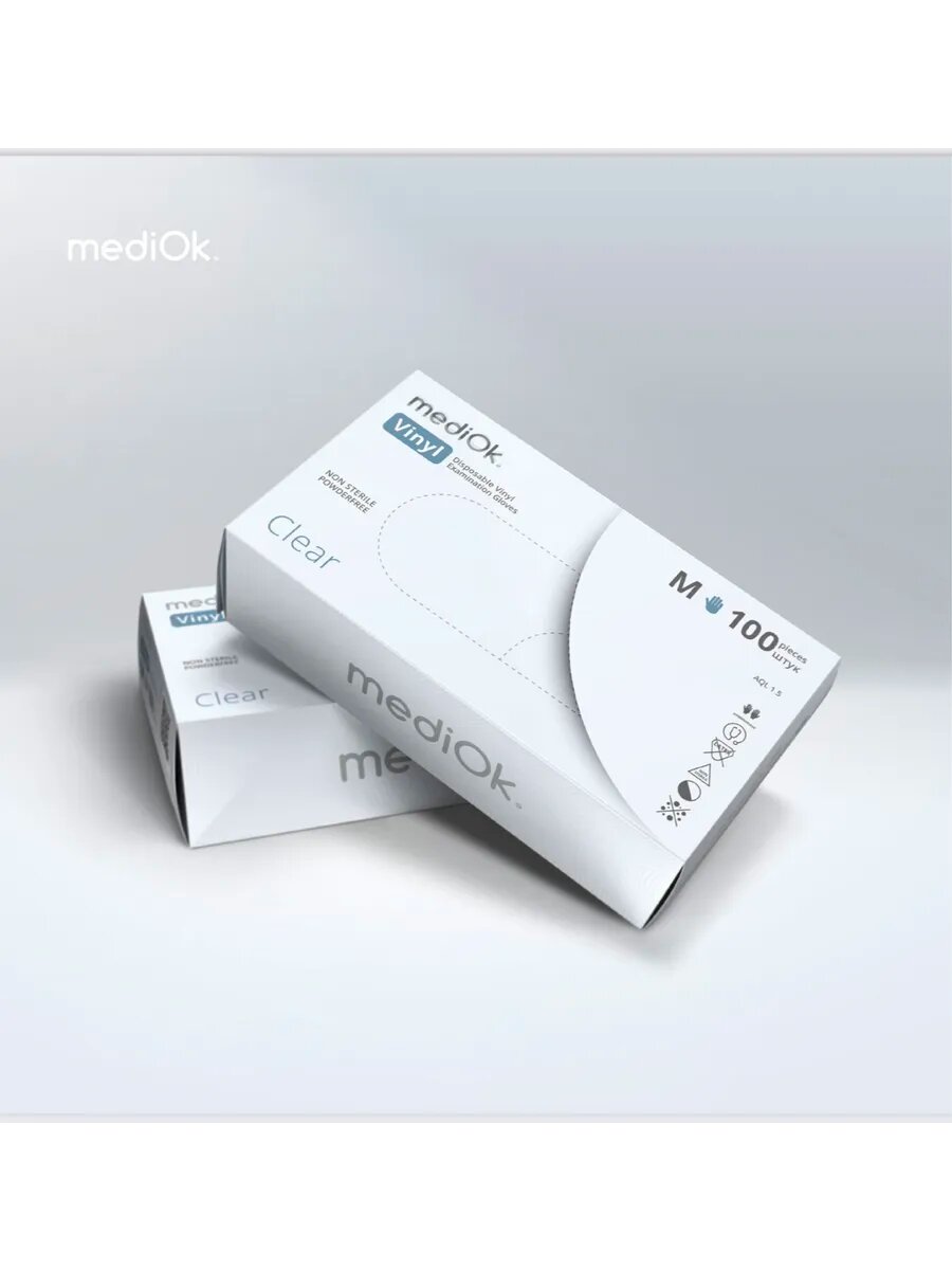 Перчатки виниловые mediOk, размер M, прозрачные, 50 пар, 100 шт
