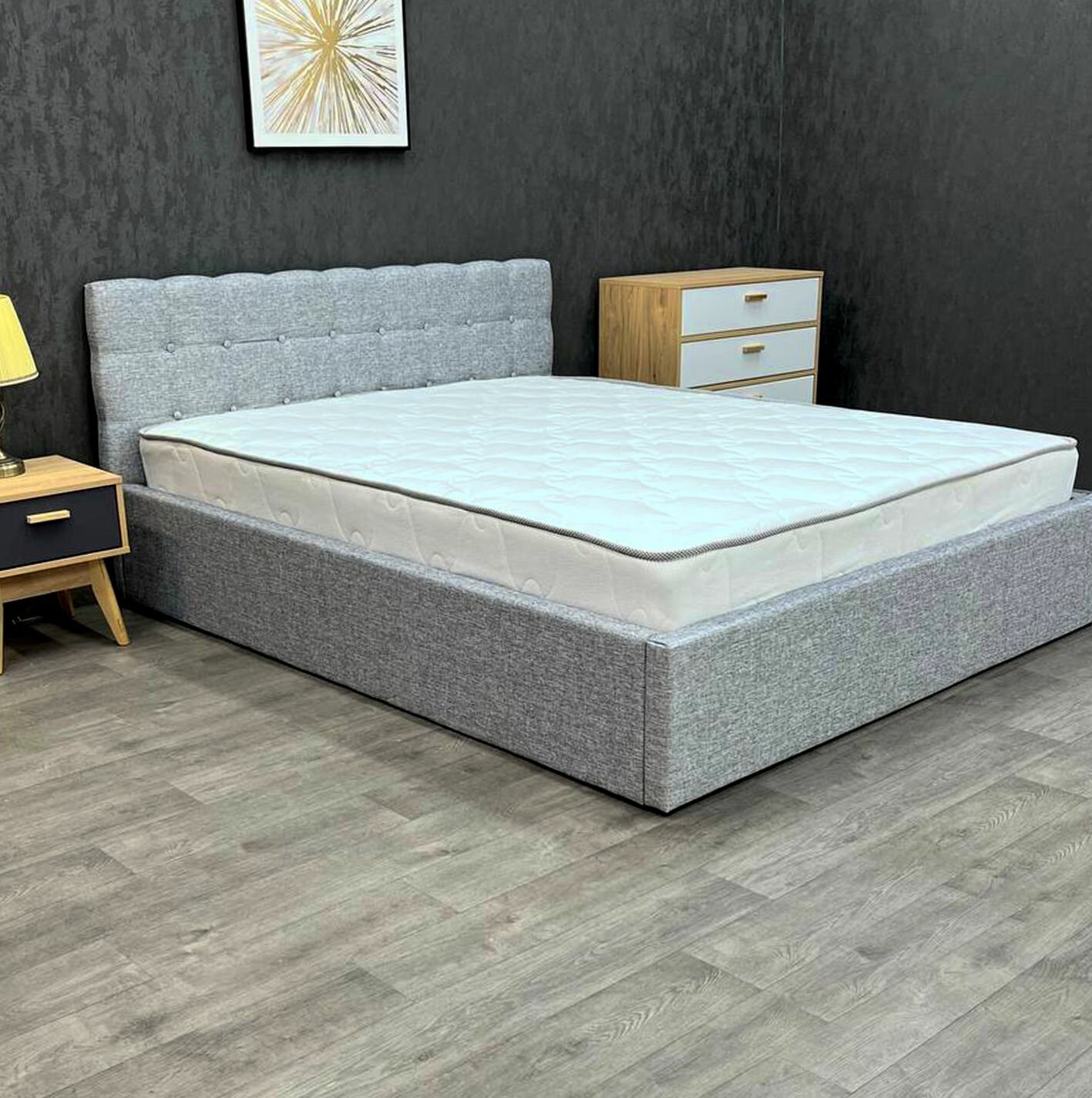 Кровать Венеция 160х200 двуспальная с подъемным механизмом, с ящиком для белья, серая