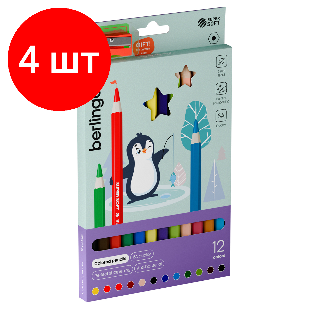 Комплект 4 шт, Карандаши цветные утолщенные Berlingo "SuperSoft. Jumbo", 12цв, шестигранные, заточ, европ.
