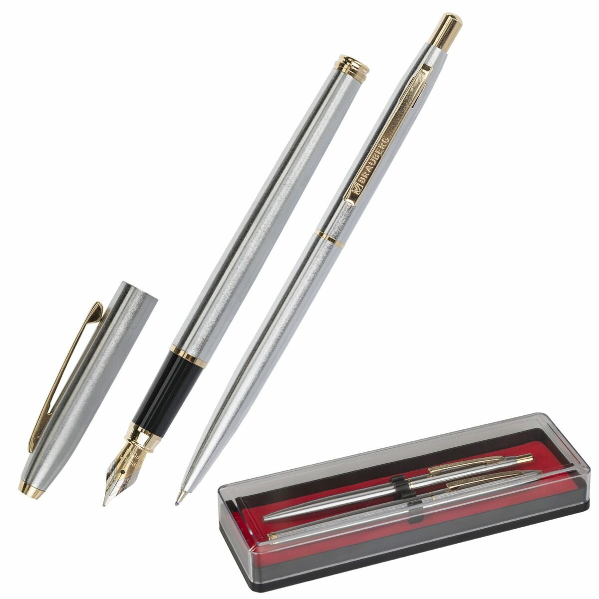 Набор ручек подарочных Brauberg Brioso (шариковая, перьевая, серебристые с золотистым) (143465), 10шт.