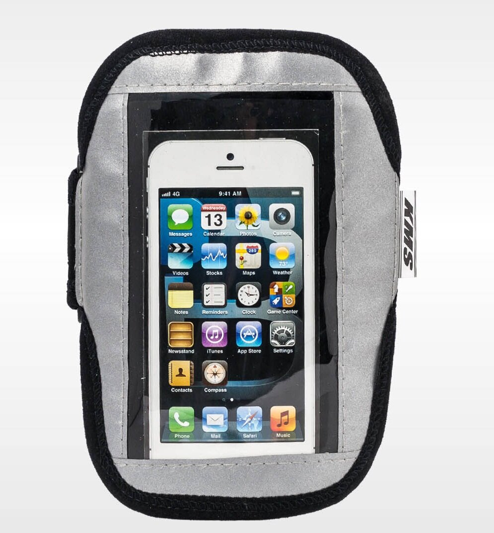 Спортивный чехол на руку для телефона для бега с окошком, чёрный с светоотражающей оконтовкой, KMS 145х100мм.