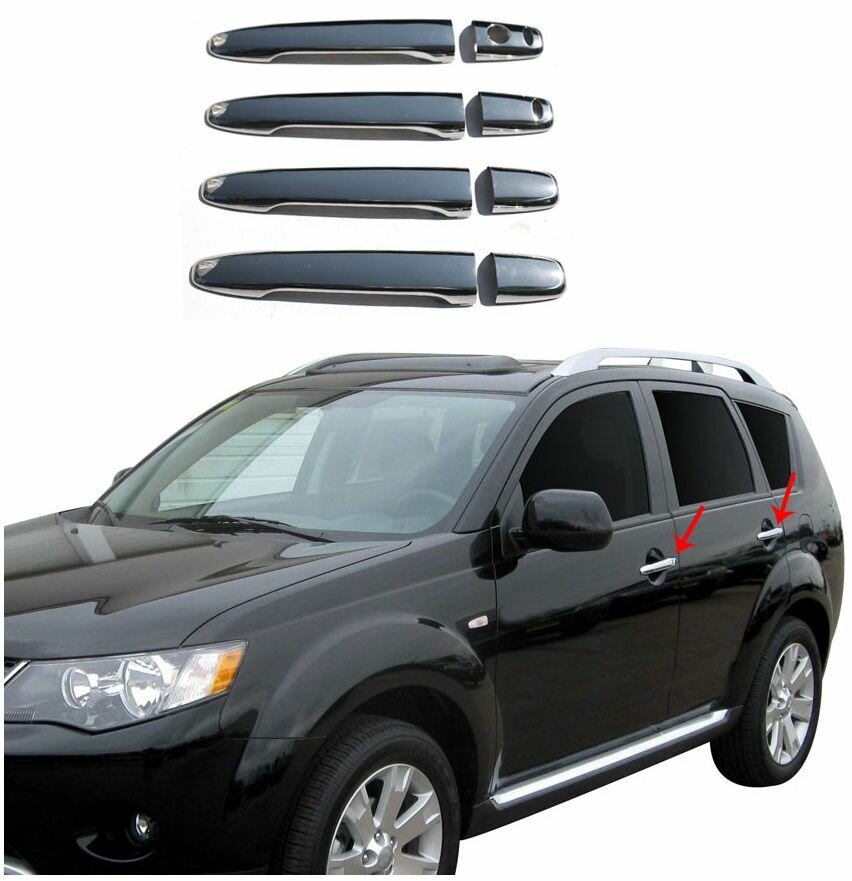 Накладки на дверные ручки, 2 отверстия чип (сенсор), для авто Mitsubishi Lancer X, ASX , Outlander XL, Outlander 2012-, Peugeot 4007, Citroen C-Crosser