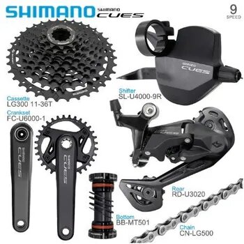Групповой набор SHIMANO CUES U4000 Велосипедный комплект MTB, LG300 9S 36T Кассета, Цепь LG500 Переключатель задний U3020, MT501, FC-U6000 Шатун Велосипед MTB 1X9 скорость