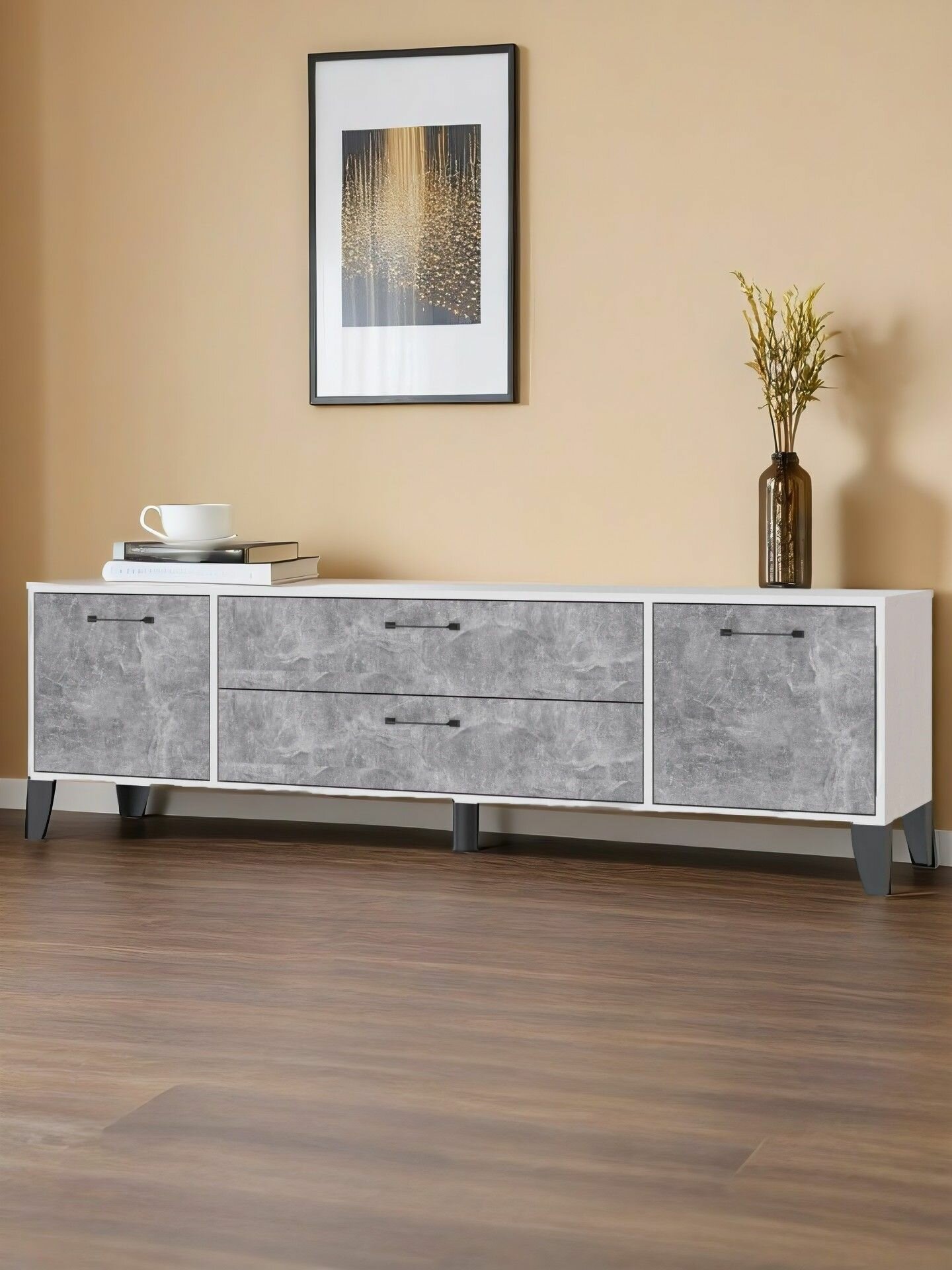 Тумба ТВ Парус-13 белый/ателье светлое, ЛДСП выдвижные ящики