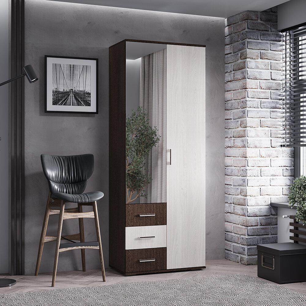 Шкаф для одежды с зеркалом деревянный Белла 80,0х212,0х47,0 см, венге/ясень белый