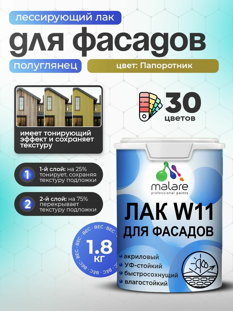 Лак колерованный тонирующий фасадный Malare W11 для защиты фасадов зданий, для дерева, камня и кирпича, быстросохнущий влагостойкий экологичный, полуглянцевый, папоротник, 1.8 кг.