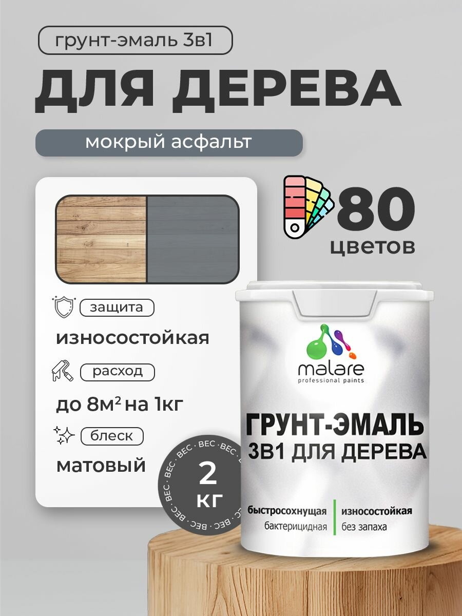 Акриловая Грунт-Эмаль 3 в 1 Malare для деревянных поверхностей/ краска по дереву с антисептическим эффектом/ быстросохнущая моющаяся без запаха матовая, молочный шоколад, 2 кг