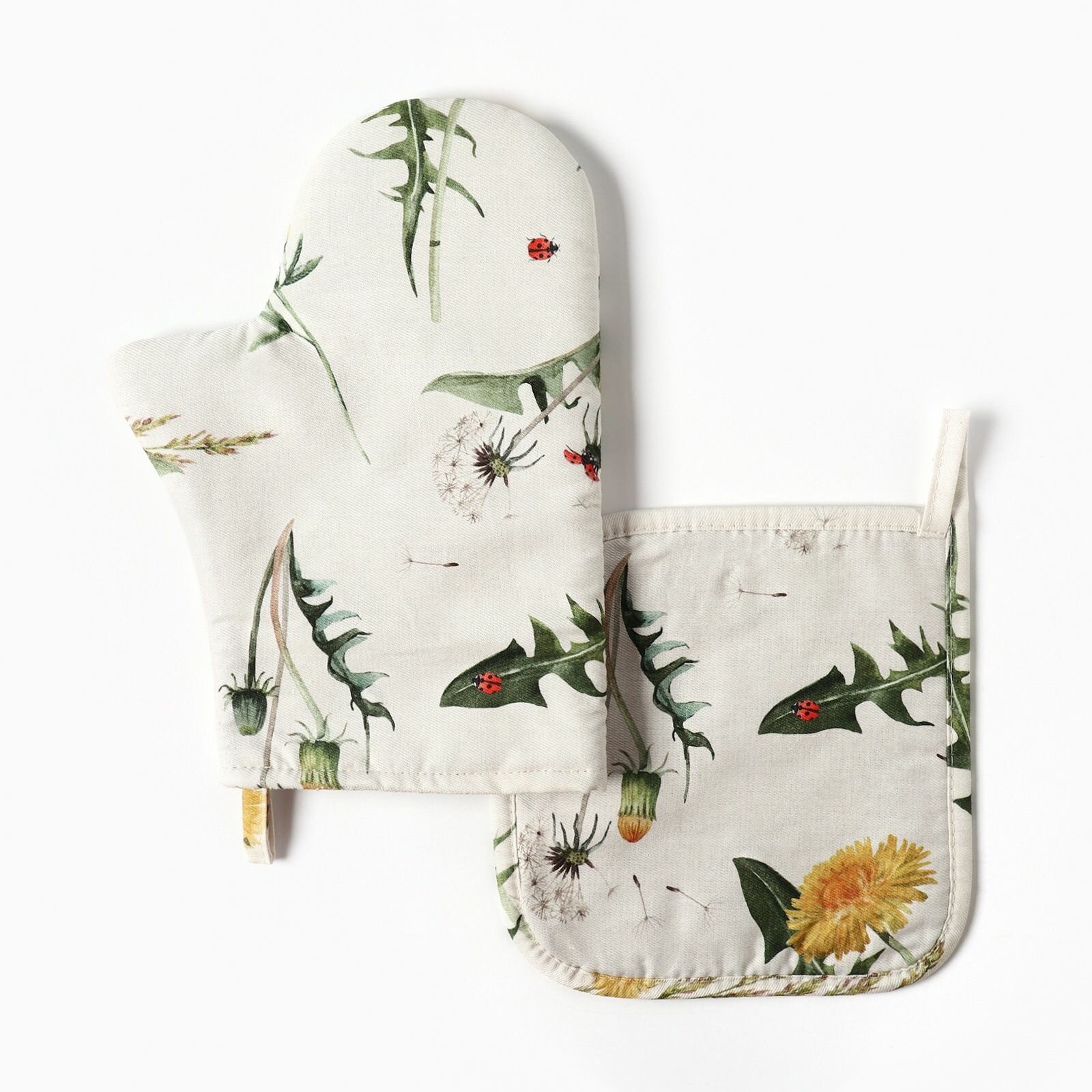 Набор Этель Одуванчики : варежка-прихватка 20 27 см, прихватка 19 19 см, 100% хлопок, саржа 178 г/м
