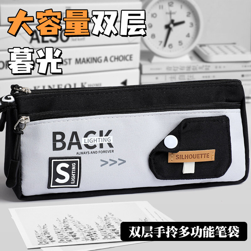 Пенал для мальчиков, большой объем, черно-белый, модный и стильный пенал, высококачественная холщовая сумка для мальчиков для средней и старшей школы