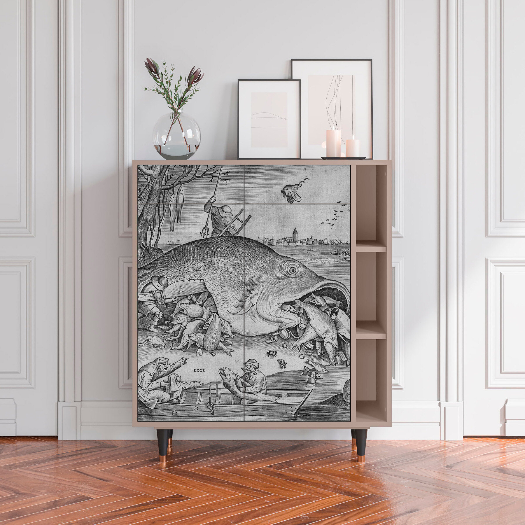 Комод - STORYZ - BS6 Big Fish Eat Little Fish by Pieter Bruegel, Размер - 94 x 110 x 41 см, Цвет корпуса - , Бежевый