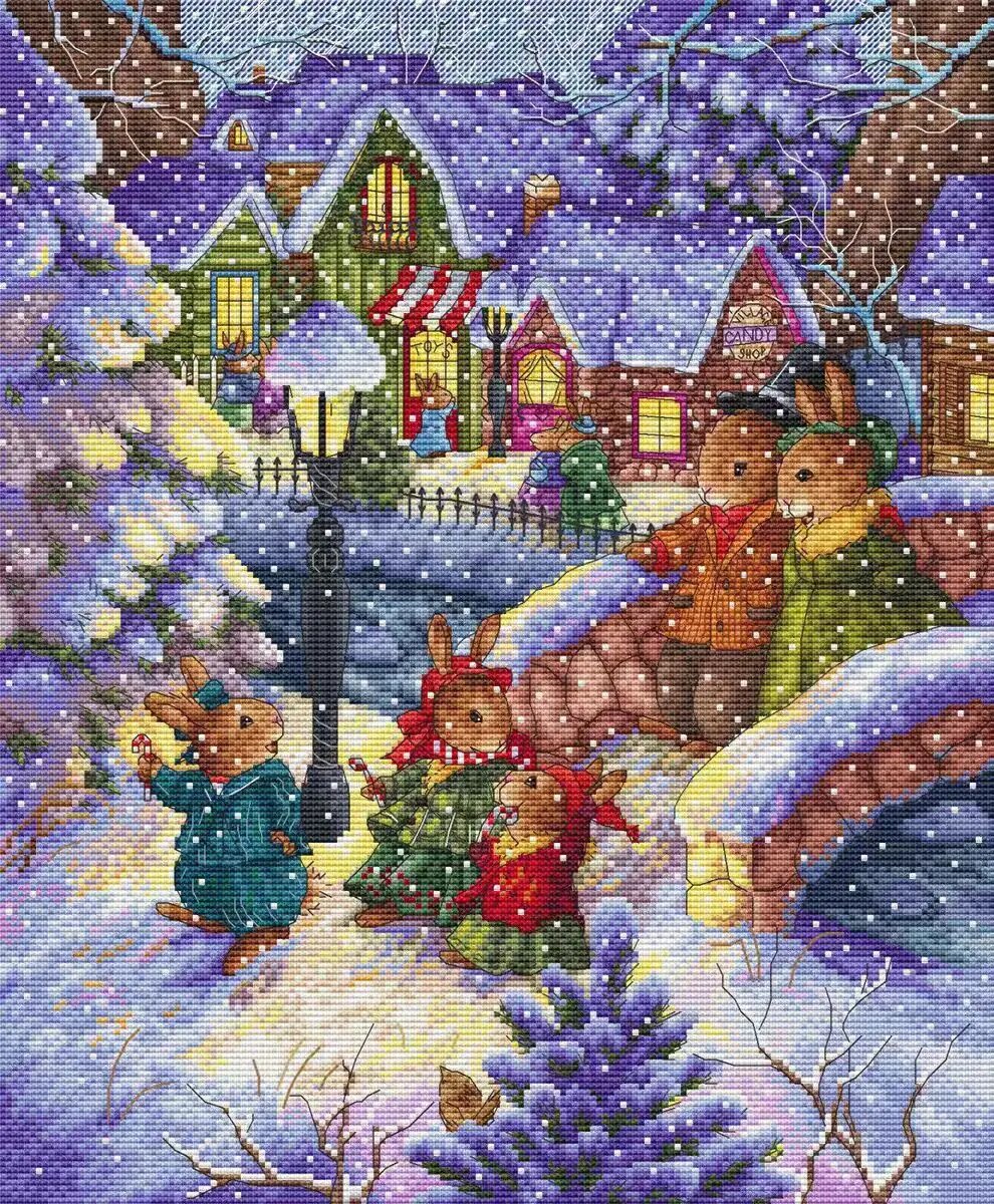 Наборы для вышивки крестом CHERISH ROSE EMBROIDERY "Снежный день милый кролик семья" 18CT White Canvas