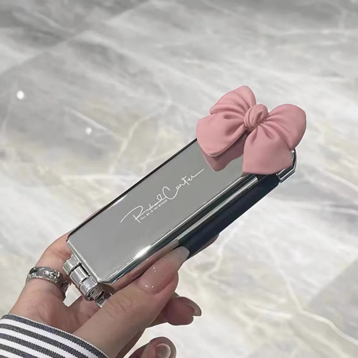 Складной гребень с зеркалом Silver Pink Bow