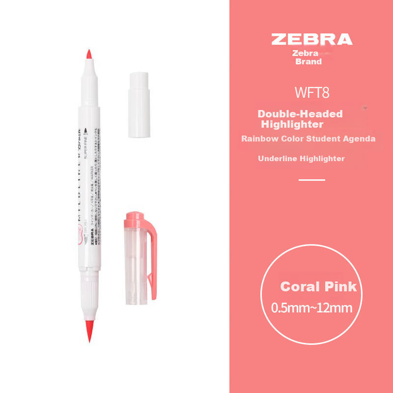 ZEBRA Double-Ended Highlighter Rainbow Color Journal Pen Student Highlighter Marker Pen Brush Soft Color Series WFT8 Soft Coral Pink