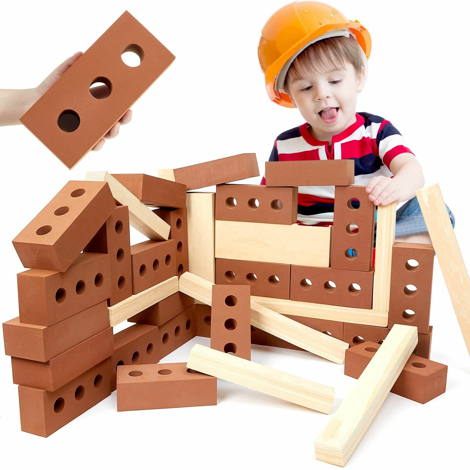 25 штук строительных блоков из пенопластового кирпича и 12 штук строительных блоков из пенопластовых деревянных балок